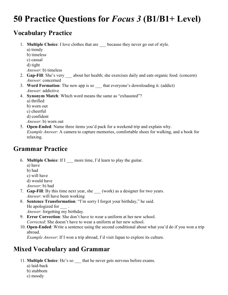 English B1/B1+ Practice Questions: Vocabulary & Grammar
