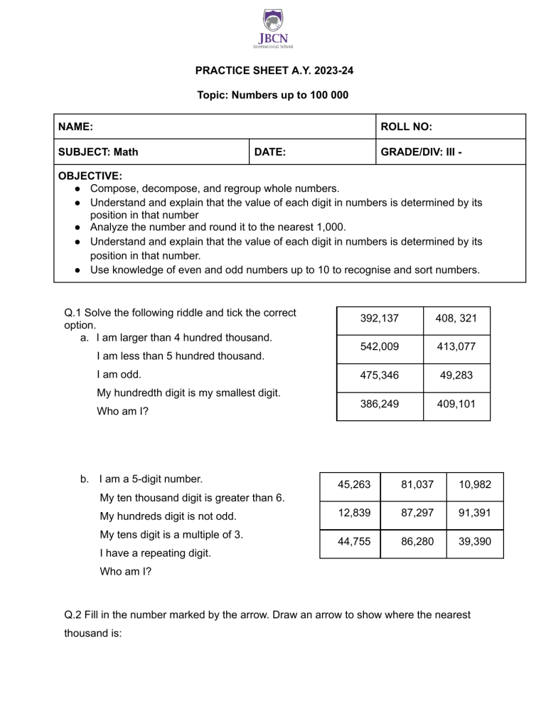 Math Practice: Numbers to 100,000 - Grade 3