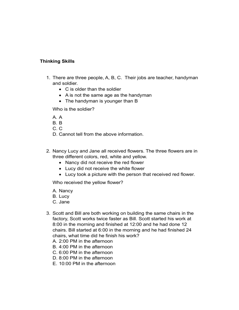 Thinking Skills Worksheet: Logic & Math Puzzles