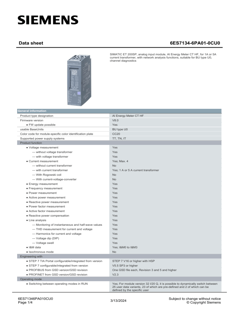 SIMATIC ET 200SP AI Energy Meter CT HF Data Sheet