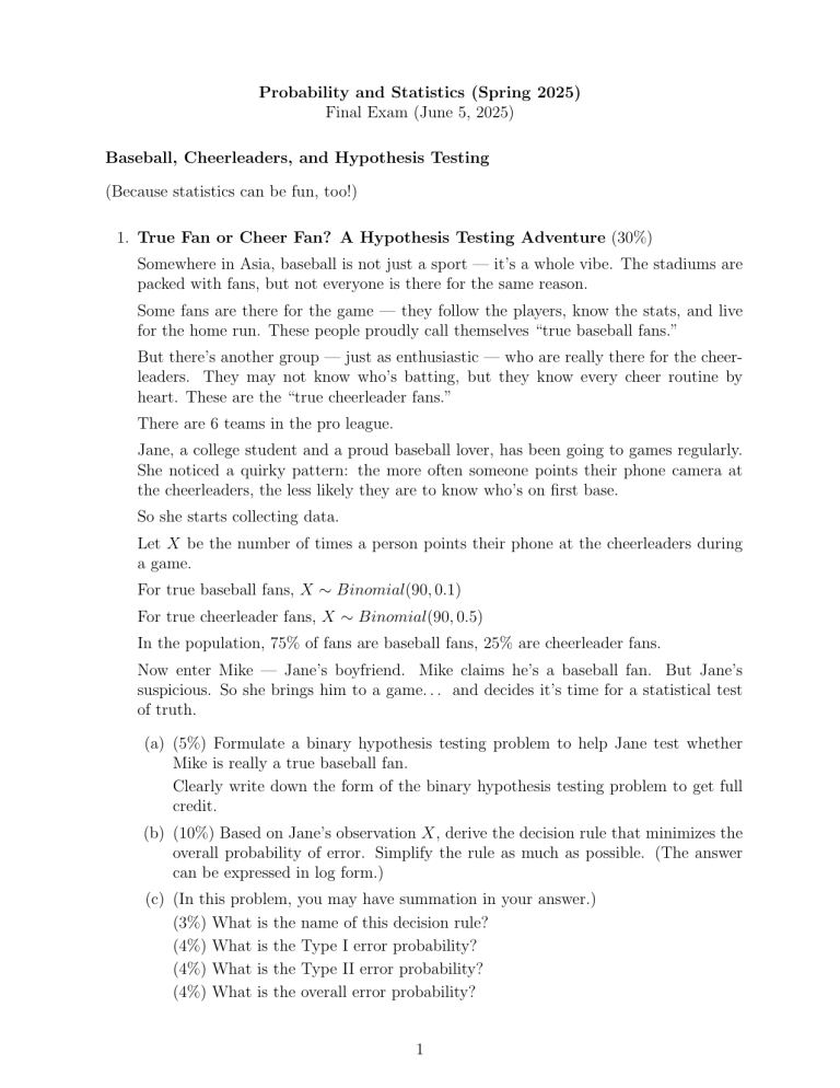 Probability and Statistics Final Exam - Hypothesis Testing & MGF