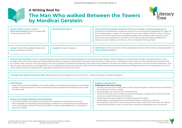 The Man Who Walked Between the Towers: Y5 Writing Root