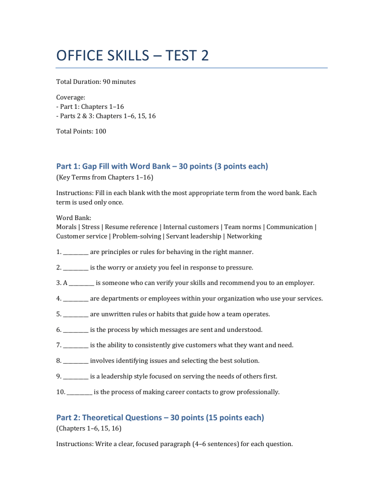 Office Skills Test 2: Key Terms, Theory, & Practice