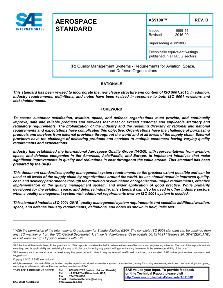 AS9100 Aerospace Standard: Quality Management Requirements