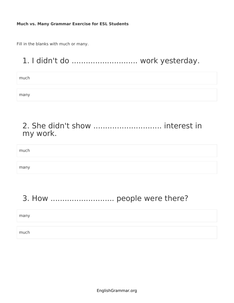 Much vs. Many Grammar Exercise for ESL Students