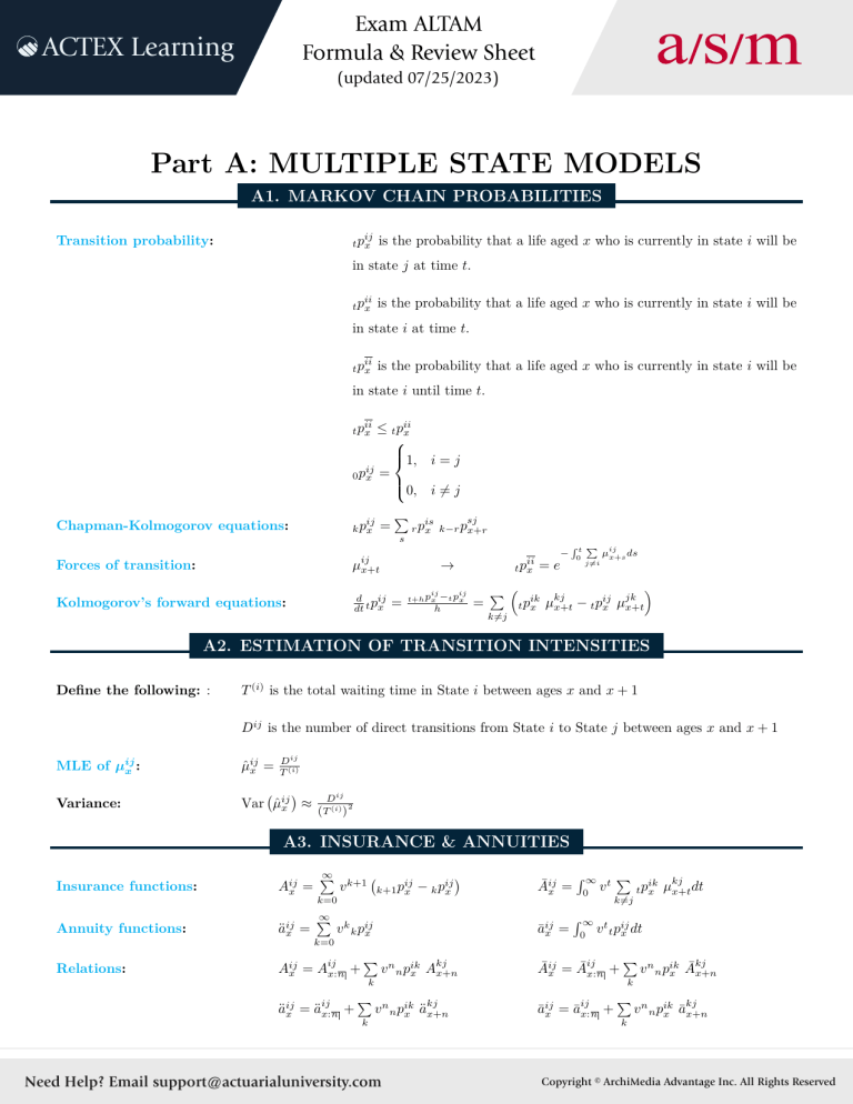 Exam ALTAM Formula Sheet: Multiple State & Decrement Models