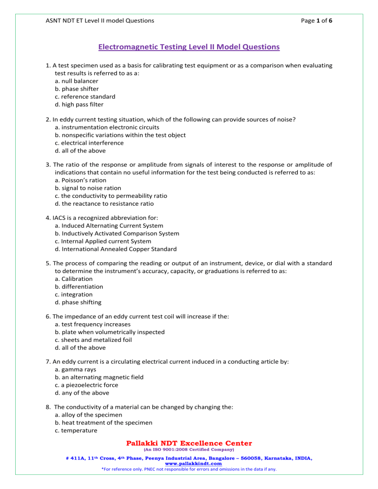 ASNT NDT ET Level II Electromagnetic Testing Model Questions