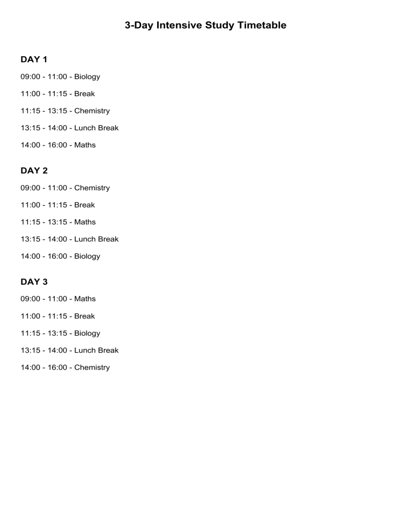 3-Day Intensive Study Timetable: Biology, Chemistry, Maths