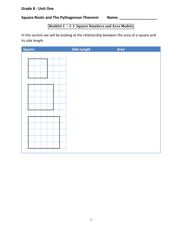 Square Roots & Pythagorean Theorem: Grade 8 Booklet
