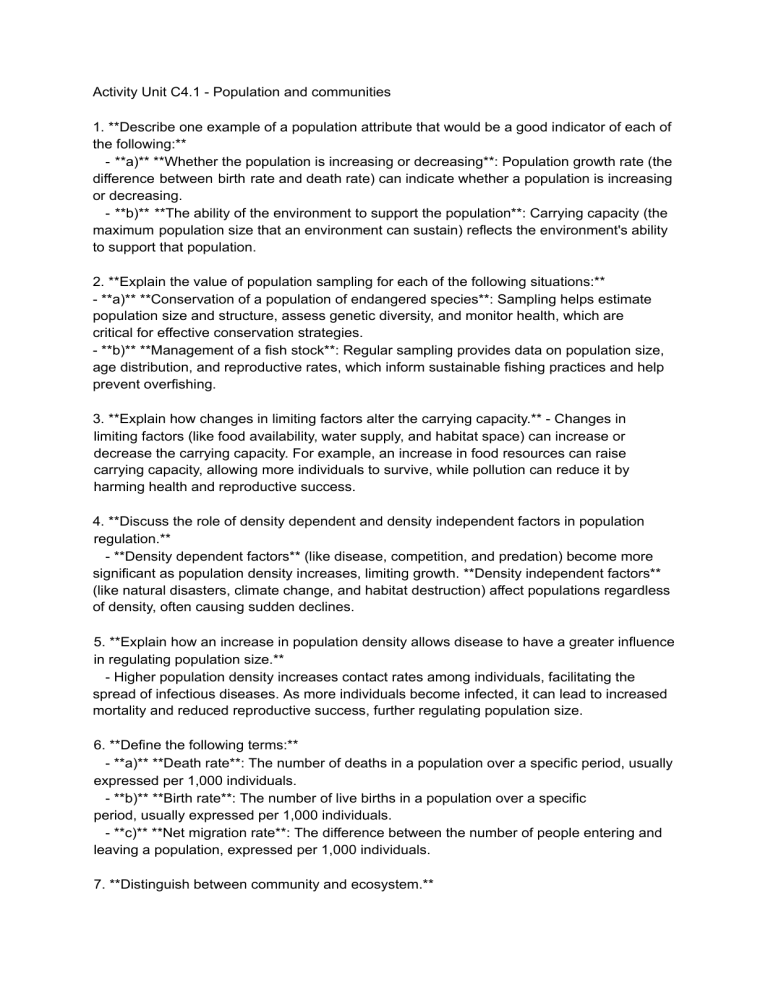 Population & Community Ecology: Activity Unit C4.1