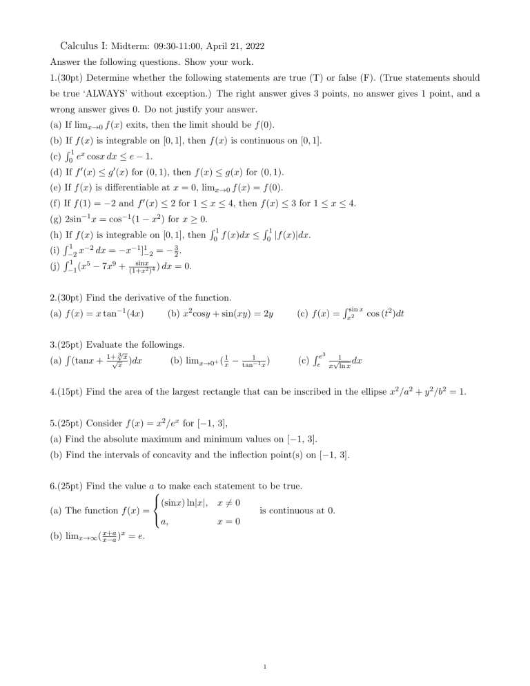 Calculus I Midterm Exam - April 2022