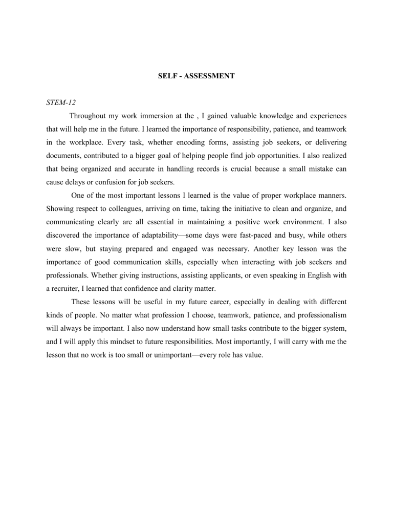 Work Immersion Self-Assessment: STEM-12 Reflections