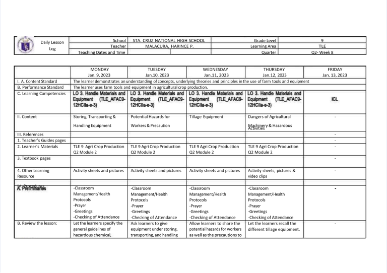 TLE 9 Agri Crop Production Daily Lesson Log (Q2-Week 8)