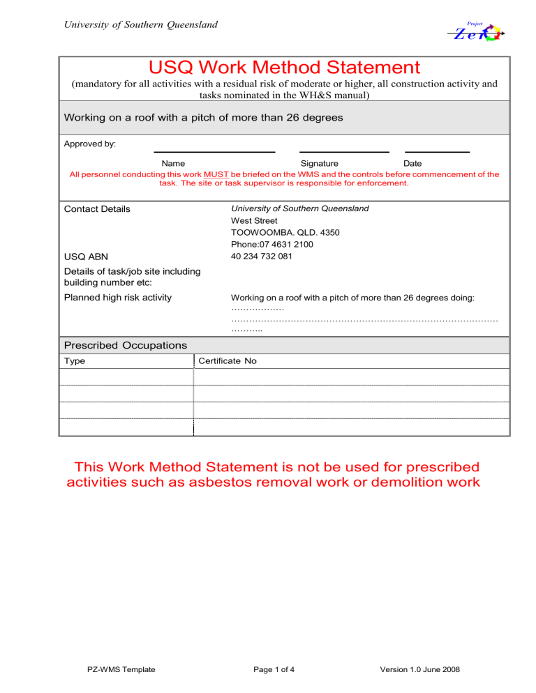 Roof Work Safety: USQ Work Method Statement
