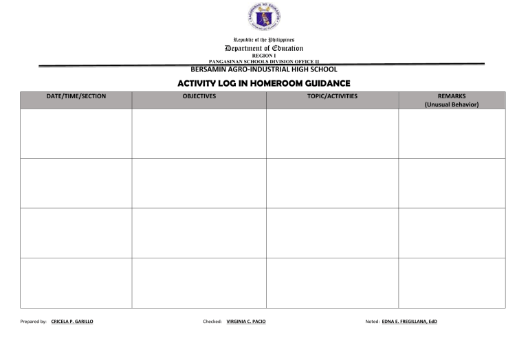 Homeroom Guidance Activity Log - High School