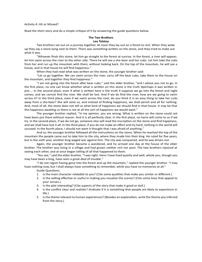 The Two Brothers: Short Story Critique Activity