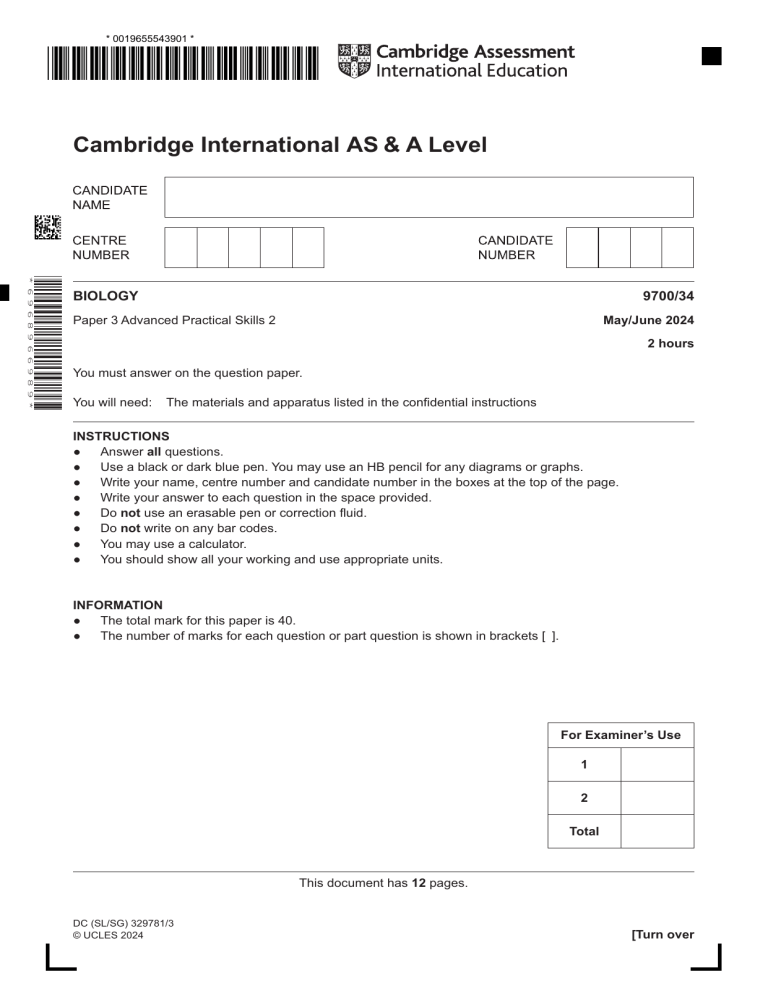 Biology Practical Skills Exam Paper - A Level