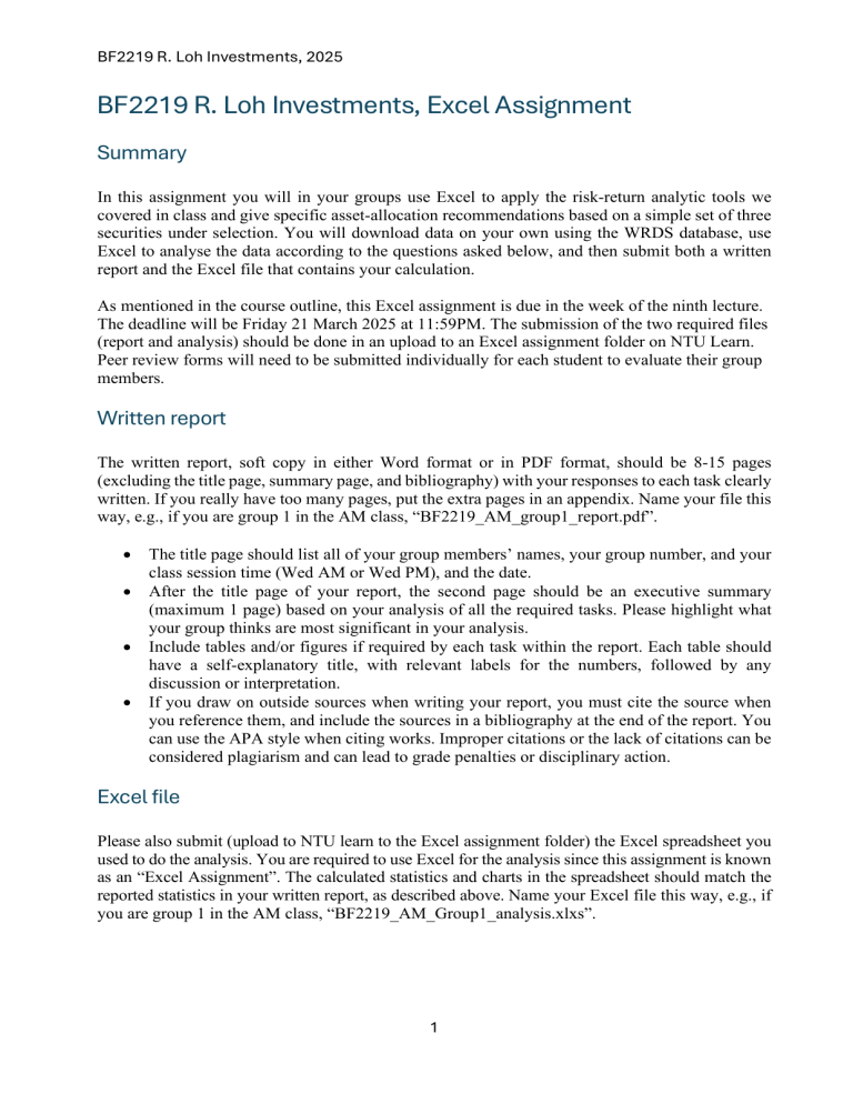 Excel Assignment: Risk-Return Analysis & Asset Allocation