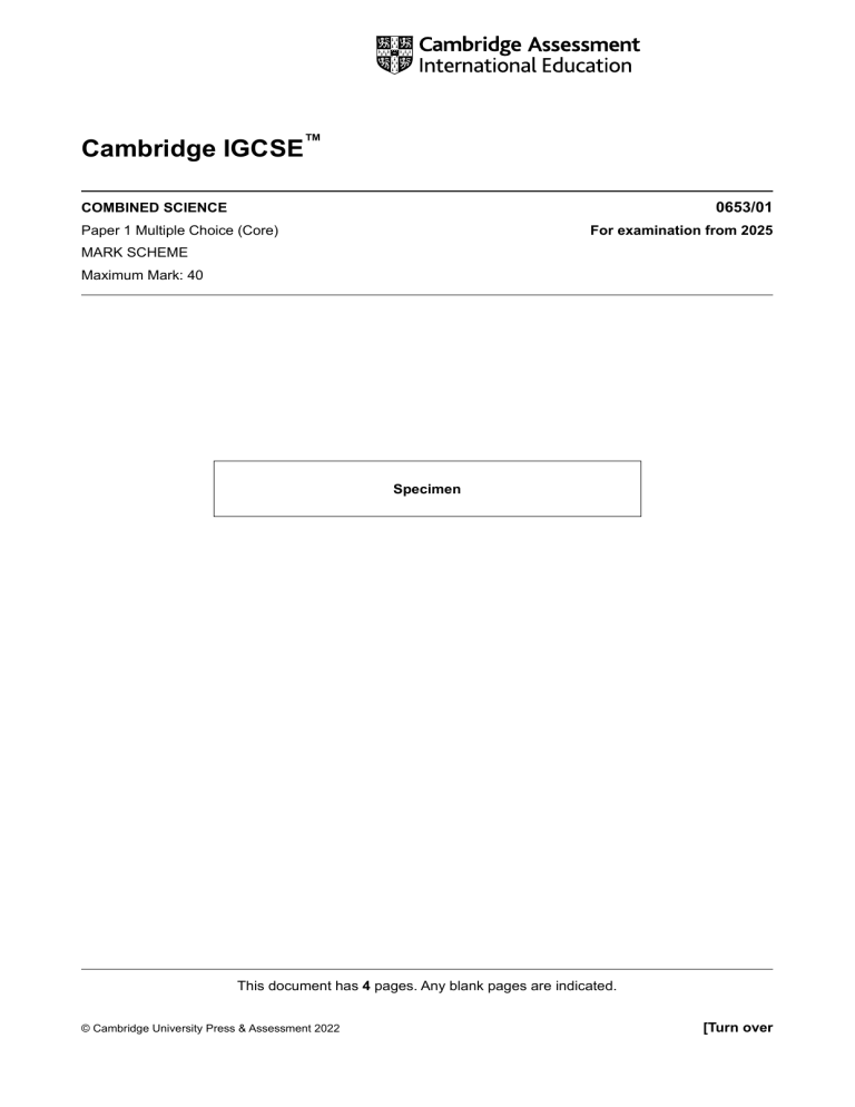 Igcse Combined Science Core Paper 1 Mark Scheme