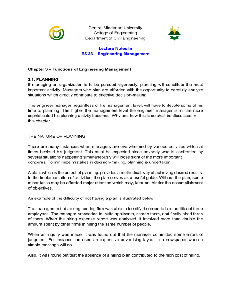 Engineering Management: Planning Functions