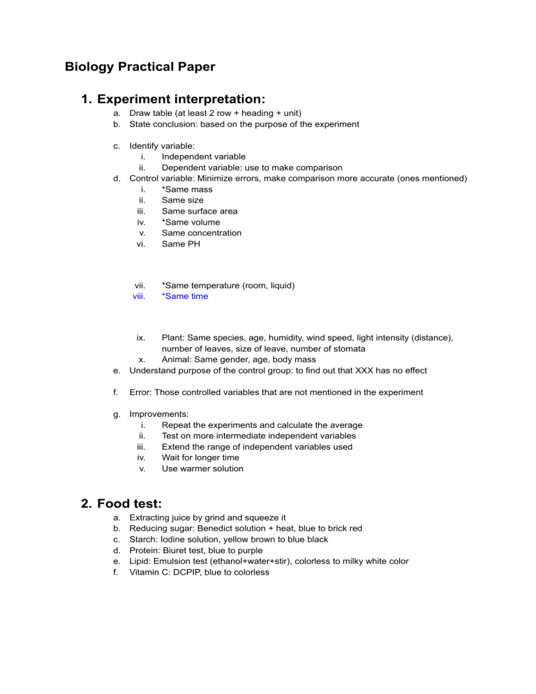 Biology Practical Paper Guide: Experiments & Data Analysis