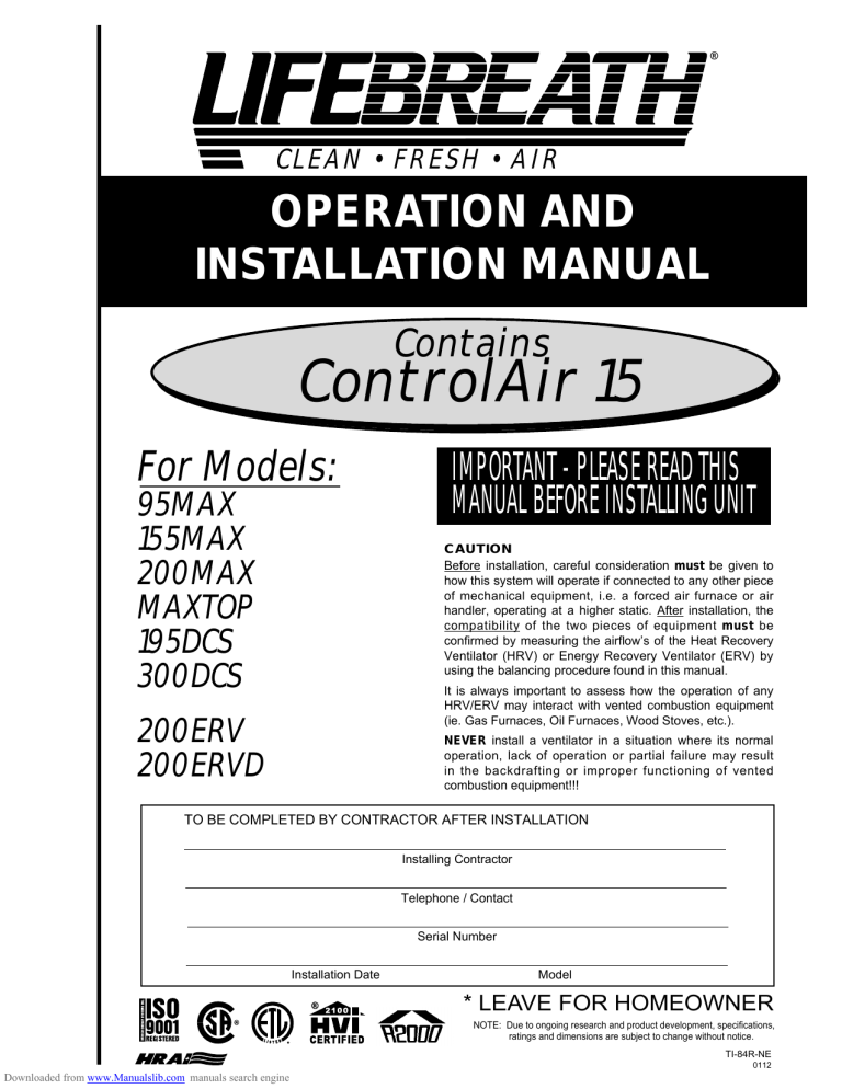 ControlAir 15 HRV/ERV Installation & Operation Manual