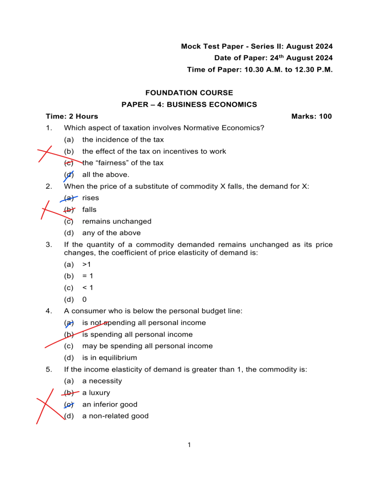 Business Economics Mock Test Paper - Foundation Course
