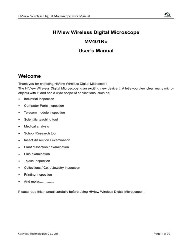 HiView MV401Ru Wireless Digital Microscope User Manual & Guide
