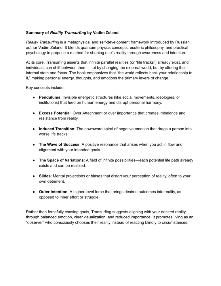 Reality Transurfing Summary: Vadim Zeland's Key Concepts