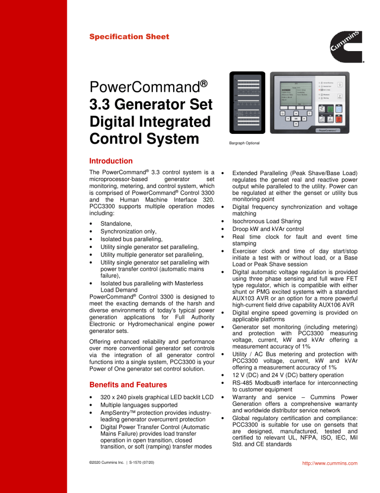 PowerCommand® 3.3 Generator Set Control System Spec Sheet