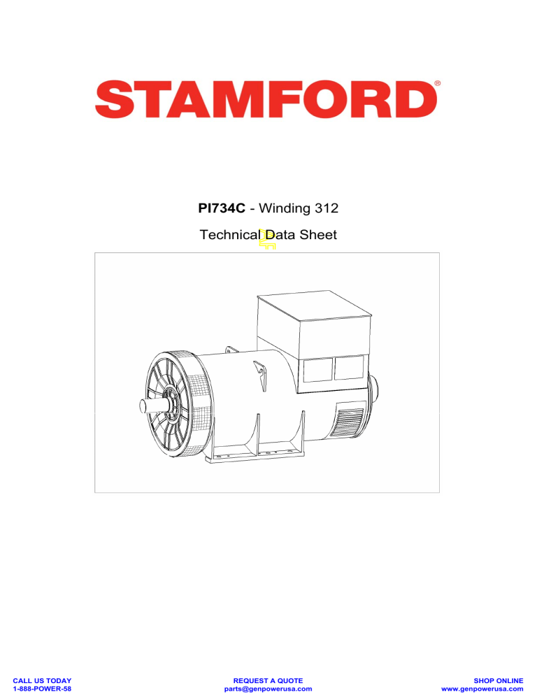 STAMFORD PI734C Generator Data Sheet: Winding 312 Specs