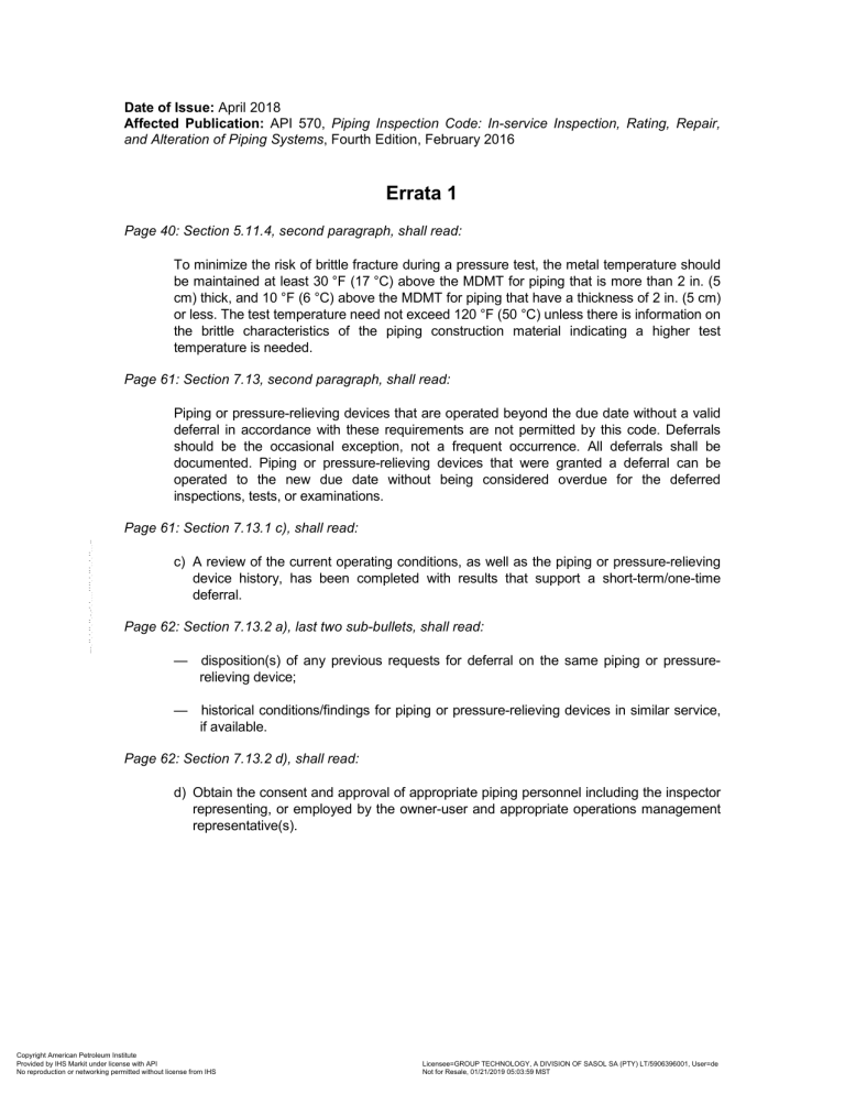 API 570 Errata: Piping Inspection Code Corrections