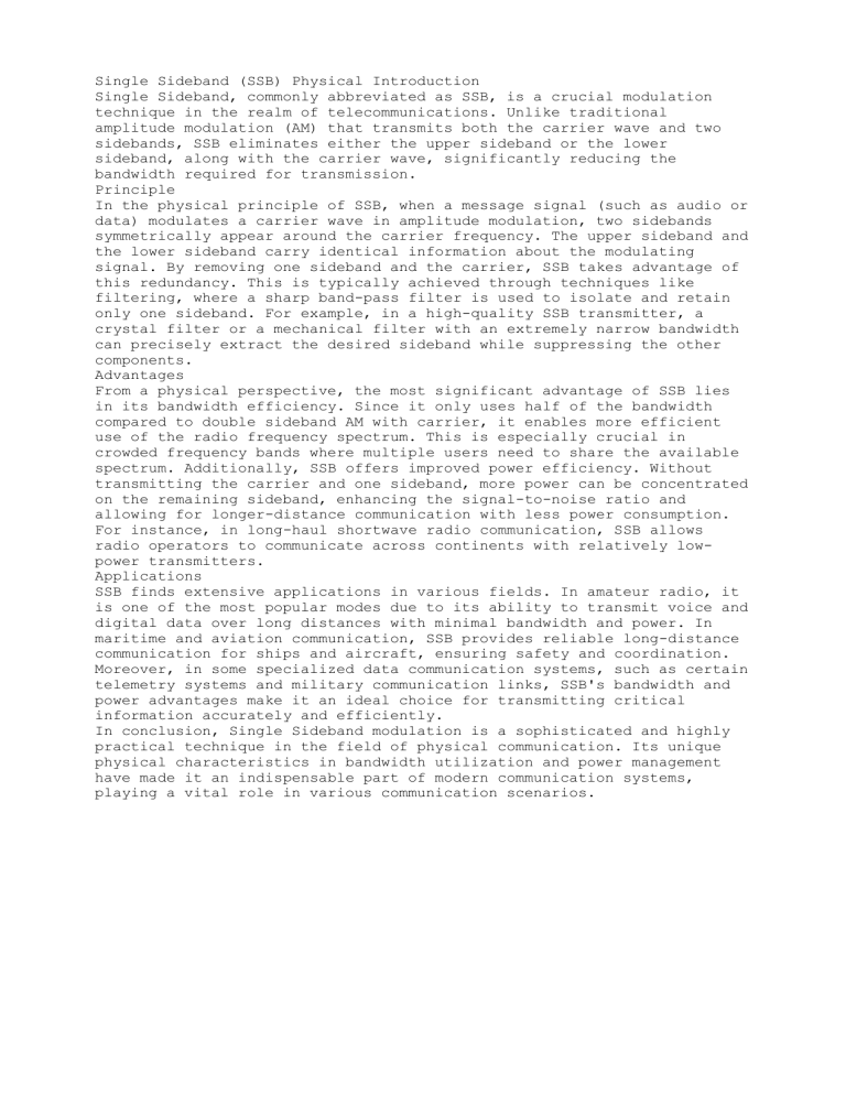 Single Sideband (SSB) Modulation: Principles & Applications