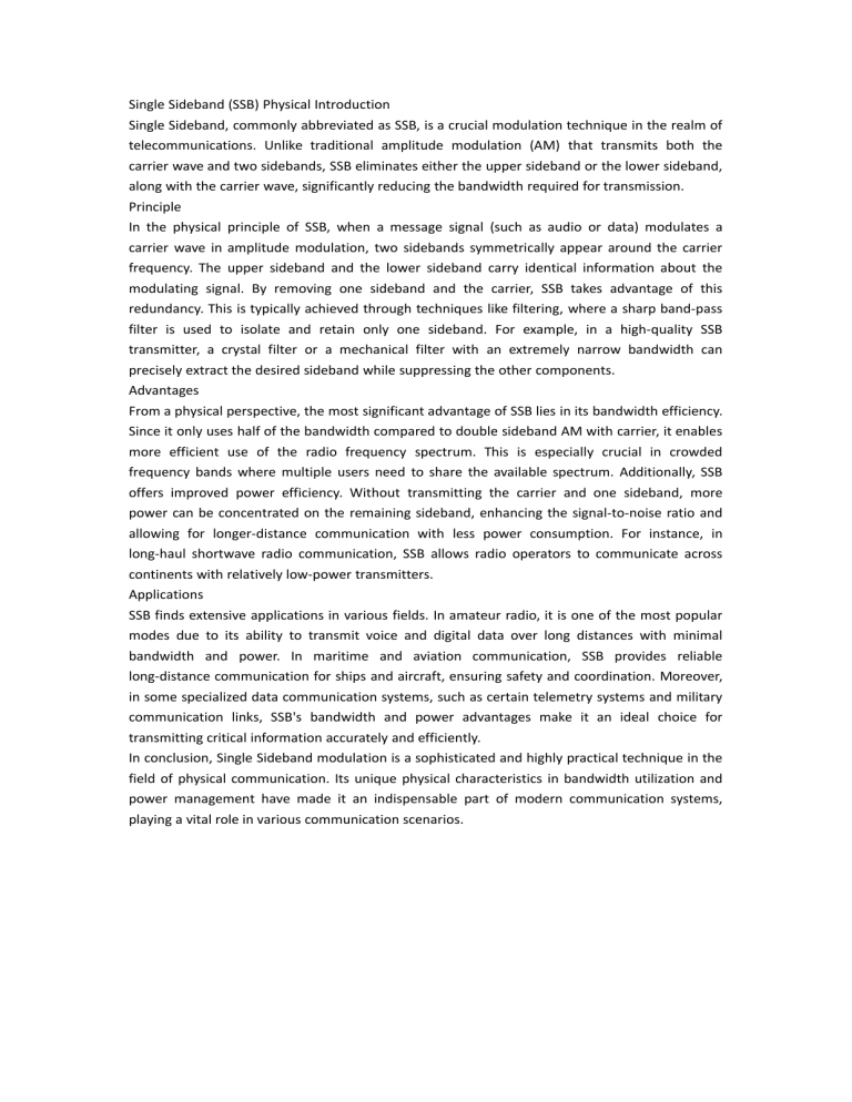Single Sideband (SSB) Modulation: Physical Introduction