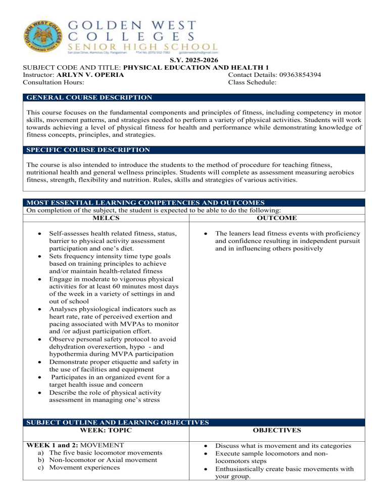 Physical Education & Health 1 Syllabus (High School)