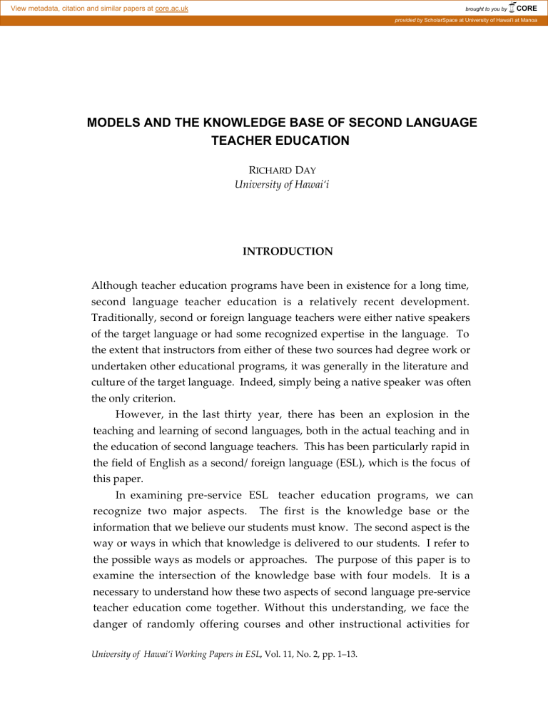 ESL Teacher Education: Models and Knowledge Base