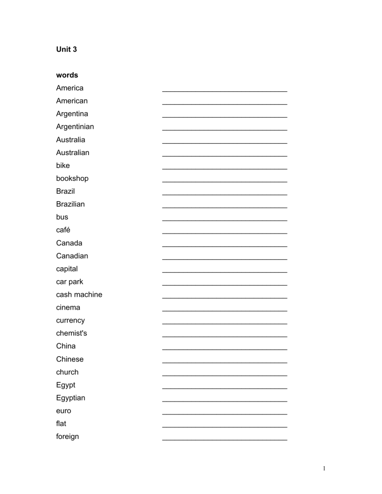 Unit 3 Vocabulary: Countries, Nationalities, and Places