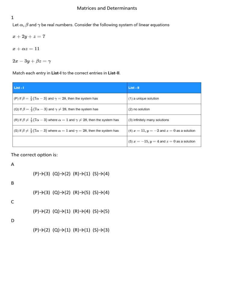 Matrices, Determinants & Coordinate Geometry Exam Questions