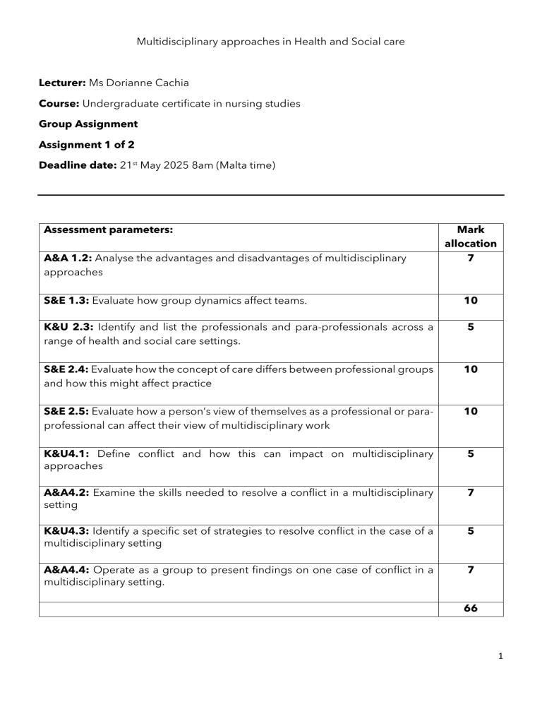 Multidisciplinary Approaches in Health & Social Care: Nursing Assignment