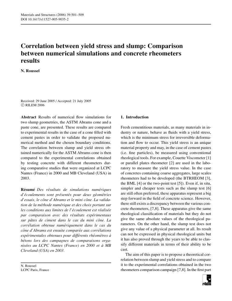 Yield Stress & Slump Correlation: Numerical Simulations vs. Rheometers
