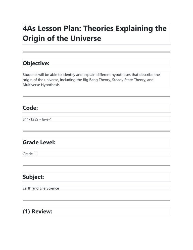 Universe Origin Theories: 4As Lesson Plan for High School