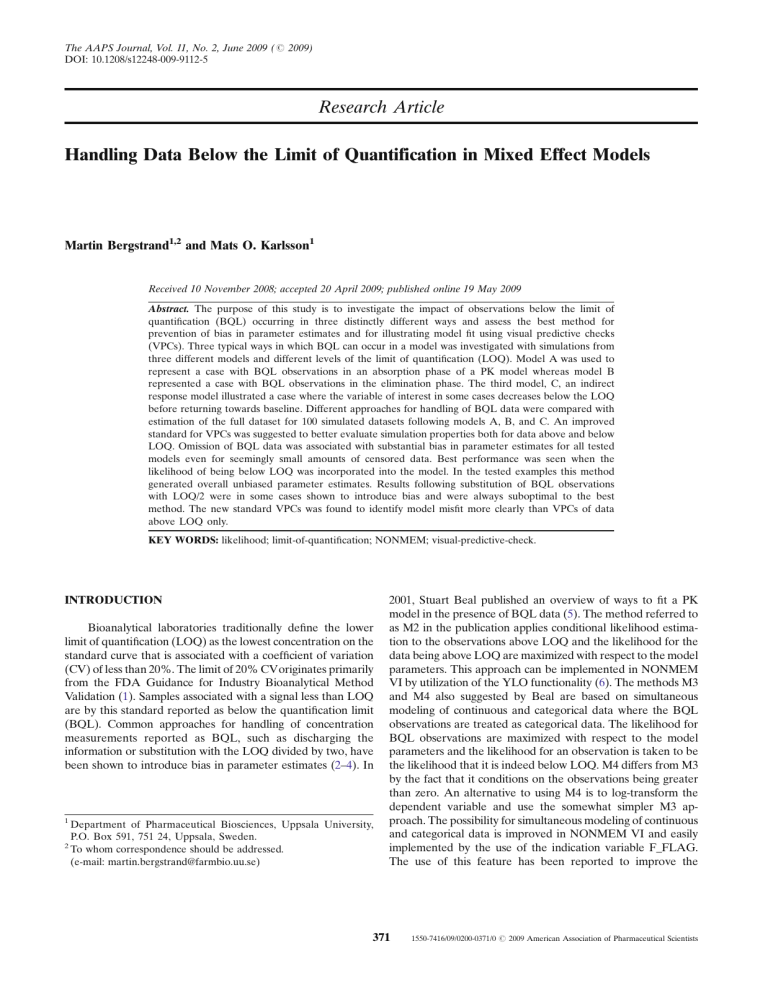 Handling Data Below Limit of Quantification in Mixed Models