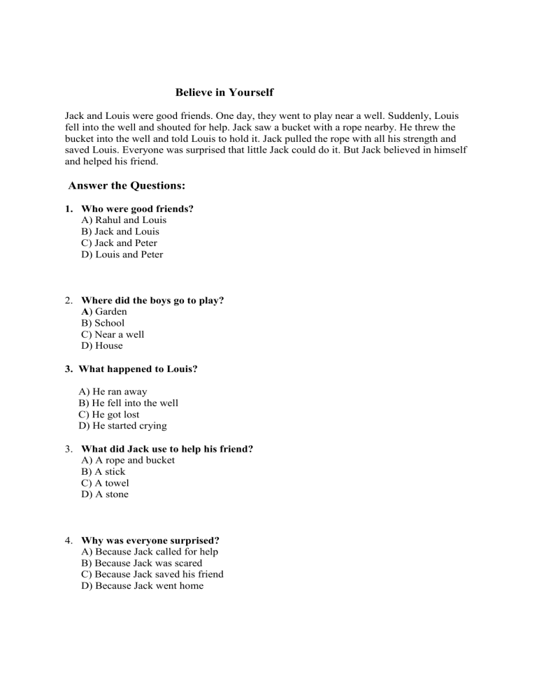 Reading Comprehension Worksheet: Friendship & Bravery
