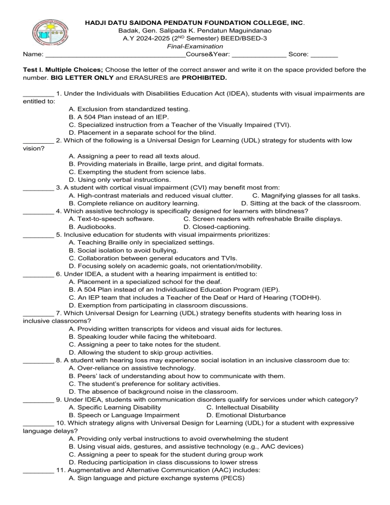 Special Education Final Exam: IDEA, UDL, and Inclusion