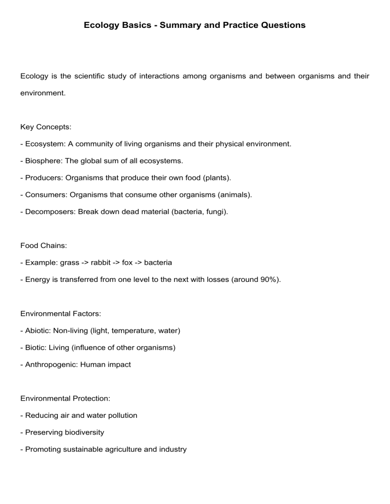 Ecology Basics: Summary & Practice Questions