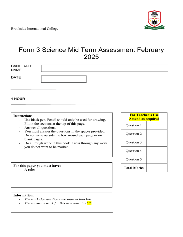 Form 3 Science Mid Term Assessment - February 2025