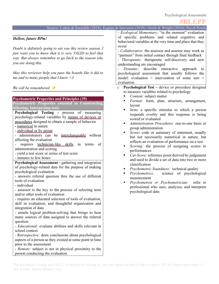 BLEPP Psychological Assessment Review Notes