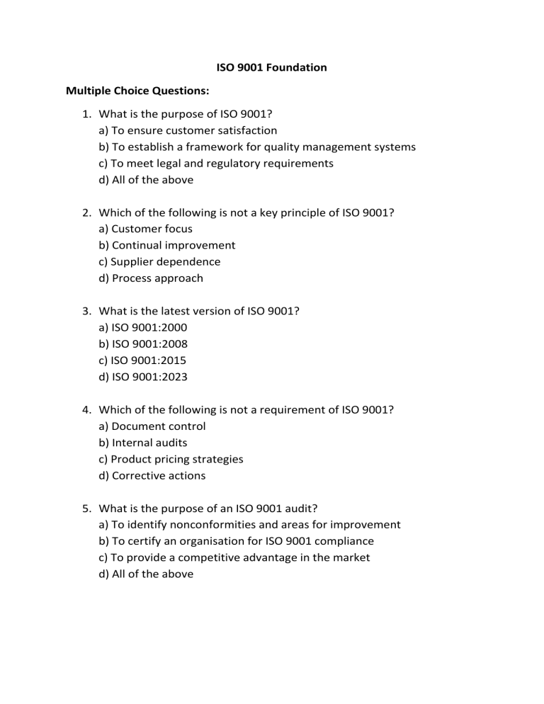 ISO 9001 Foundation: Multiple Choice Questions