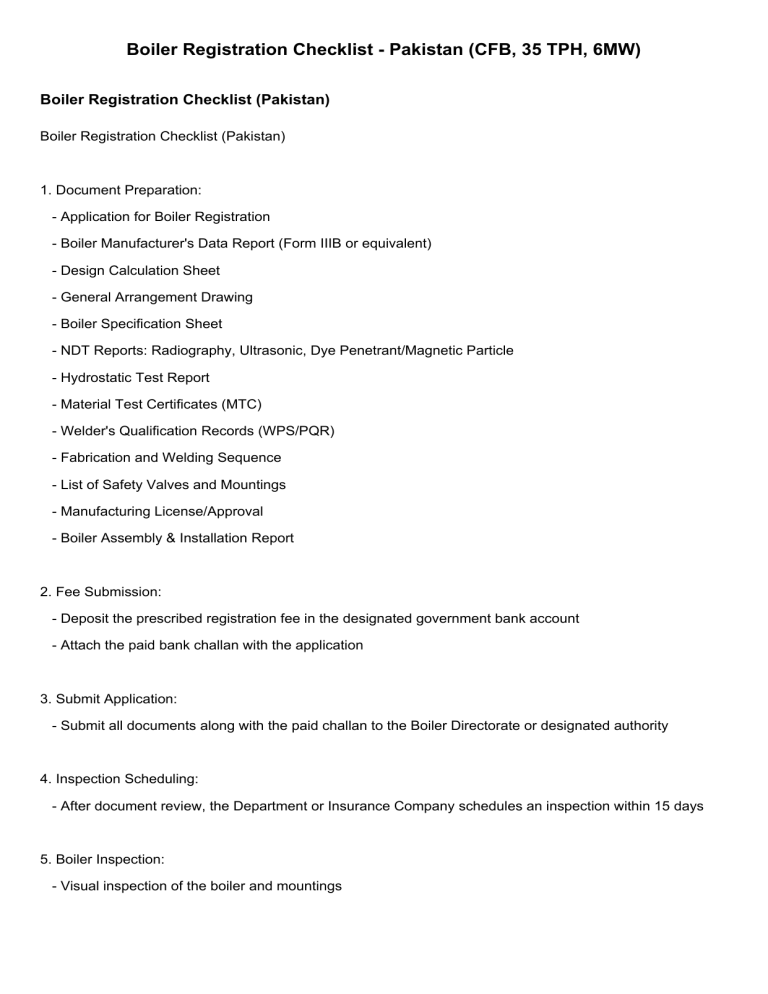 Boiler Registration Checklist - Pakistan (CFB, 35 TPH, 6MW)