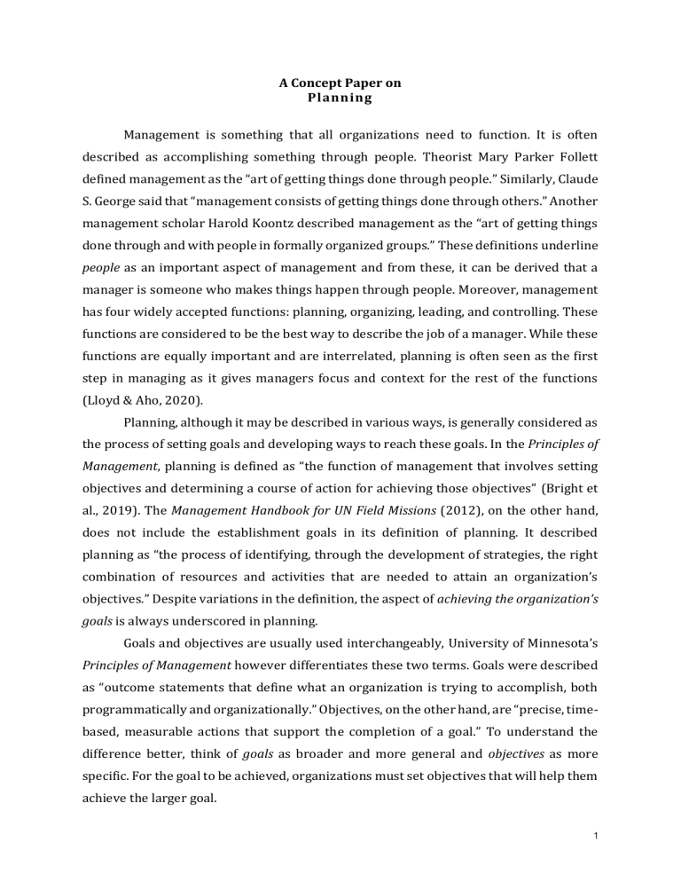 Planning in Management: A Concept Paper
